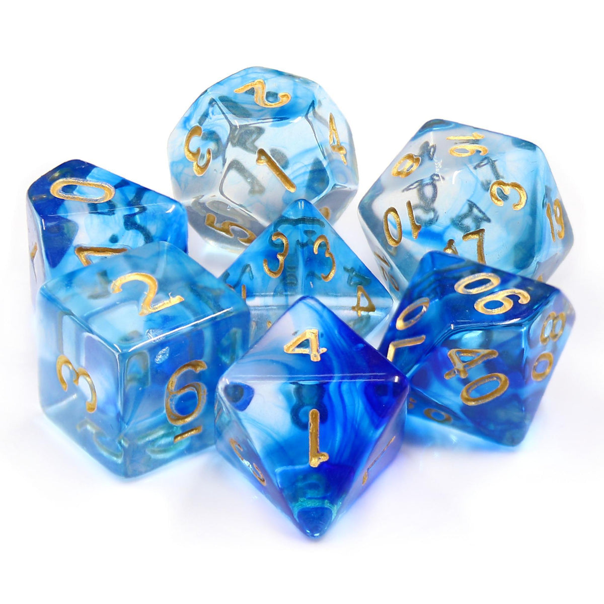 "Icy Cooler" - Blue and Clear Swirl with Gold Inking - Polyhedral Dice ...